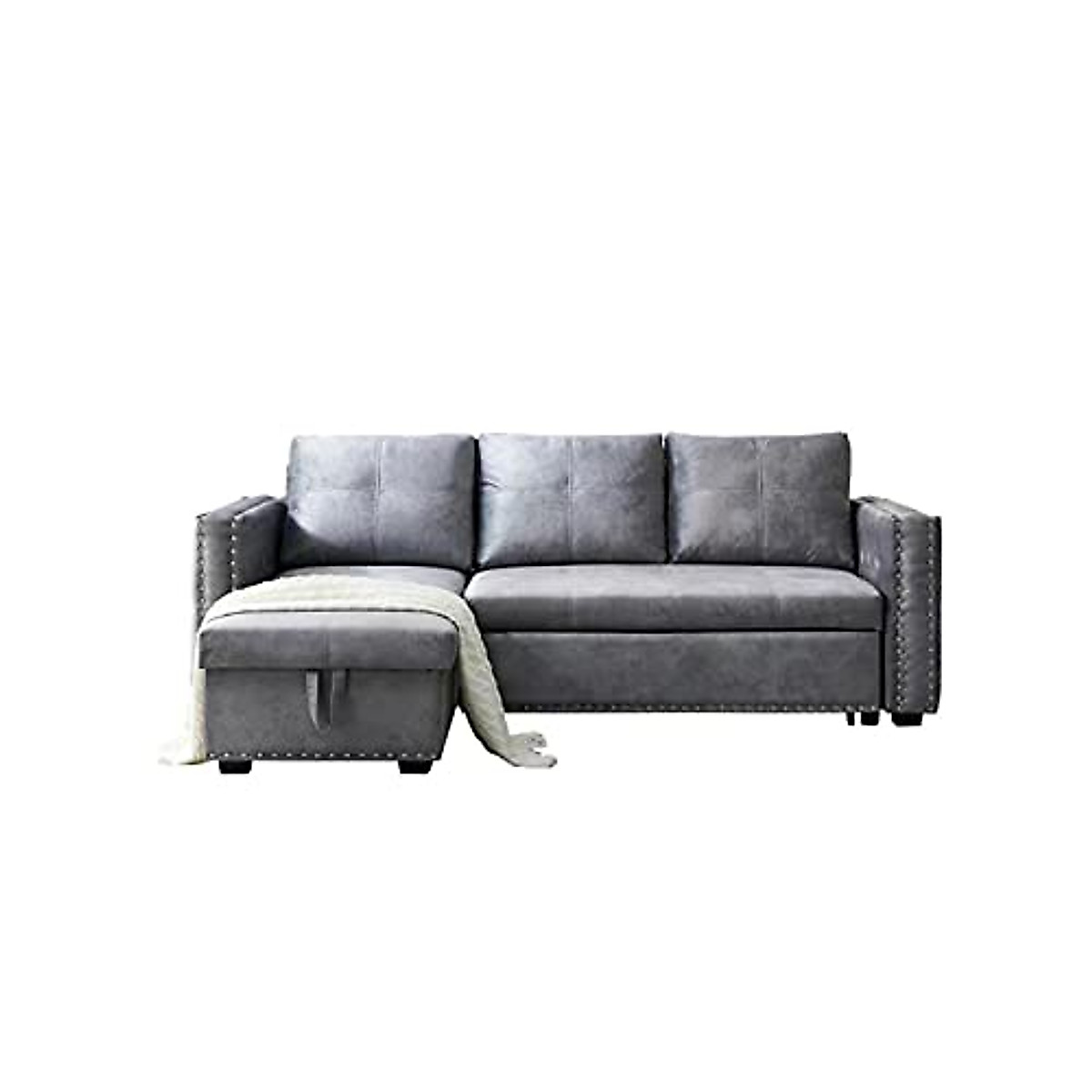 MOEO 91" Reversible Sleeper Sectional Sofa, L-Shape Corner Couch with Storage Chaise and Pulled Out Bed, Tufted Buttons Nailheaded Design for Living Room, Home, Gray