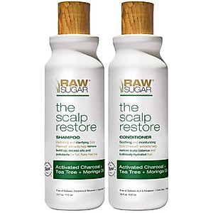 Raw Sugar The Cold Pressed Shampoo and Conditioner Set - Activated Charcoal, Tea Tree, and Moringa Oil. Balances Scalp, Removes Build-Up and Pollutants. 18 Fl Oz Bottles.