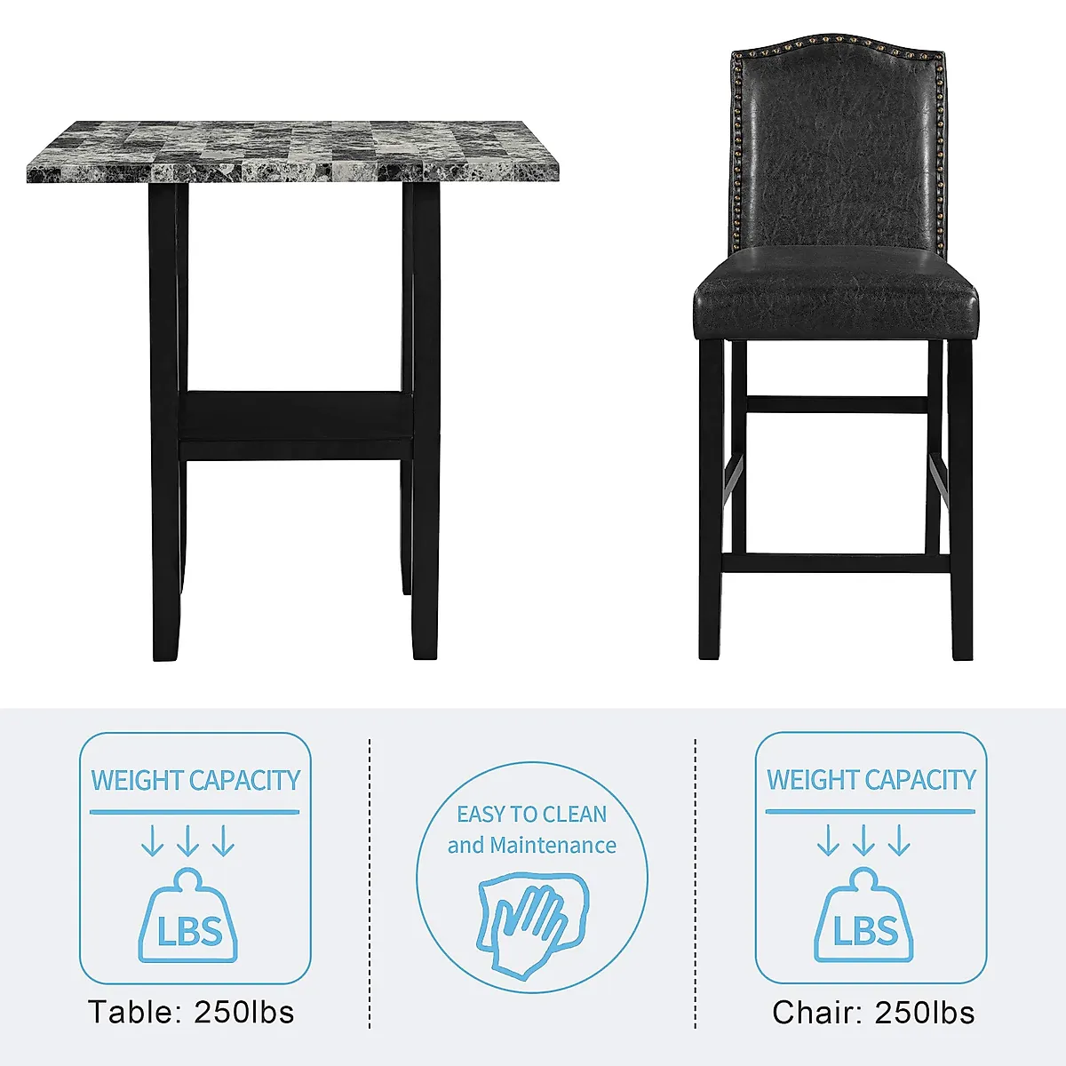 XD Designs 5 Piece Dining Set for Dining Room Wood Marble Veneer Dining Table with Bottom Shelf 4 PU Leather Chairs WNail Head Trim Small Spaces Gray Grey