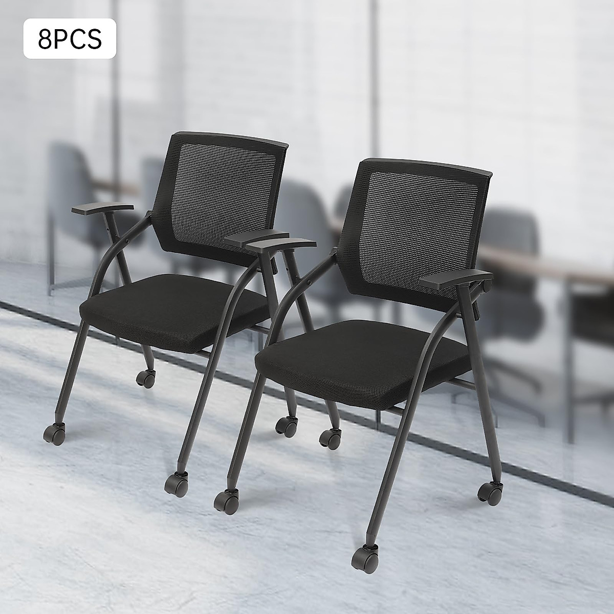 Conference Room Chairs, Set of 8, Stackable & Ergonomic Foldable Chair with Wheels and Armrest, Mesh Bouncing Back, Lumbar Support, Training Room Chair for Office Meetings, Reception
