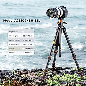 K&F Concept 62-inch Carbon Fiber Camera Tripod,Portable Compact Tripods with Detachable Monopod,360° Metal Ball Head 15KG/33lbs Load Capacity with Quick Release Plate for Travel and Work A255C2+BH-35L