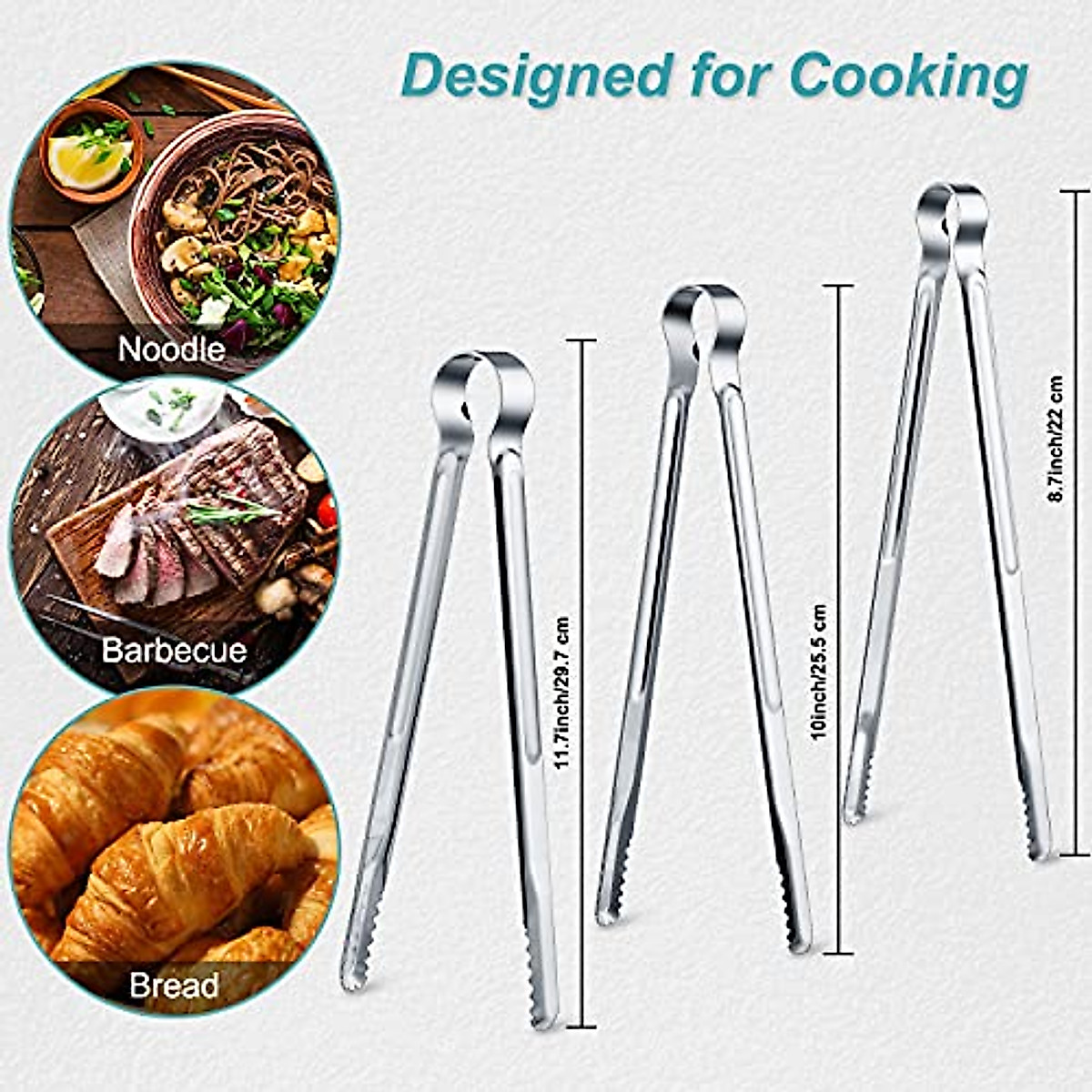 3 Pieces Korean BBQ Tongs Kitchen Stainless Steel Locking Grill Tong Cooking Non Slip Food Metal Tong for Cooking, Serving, Barbecue, Thanksgiving, Halloween, Christmas, 8.7 Inch, 10Inch,11.7Inch
