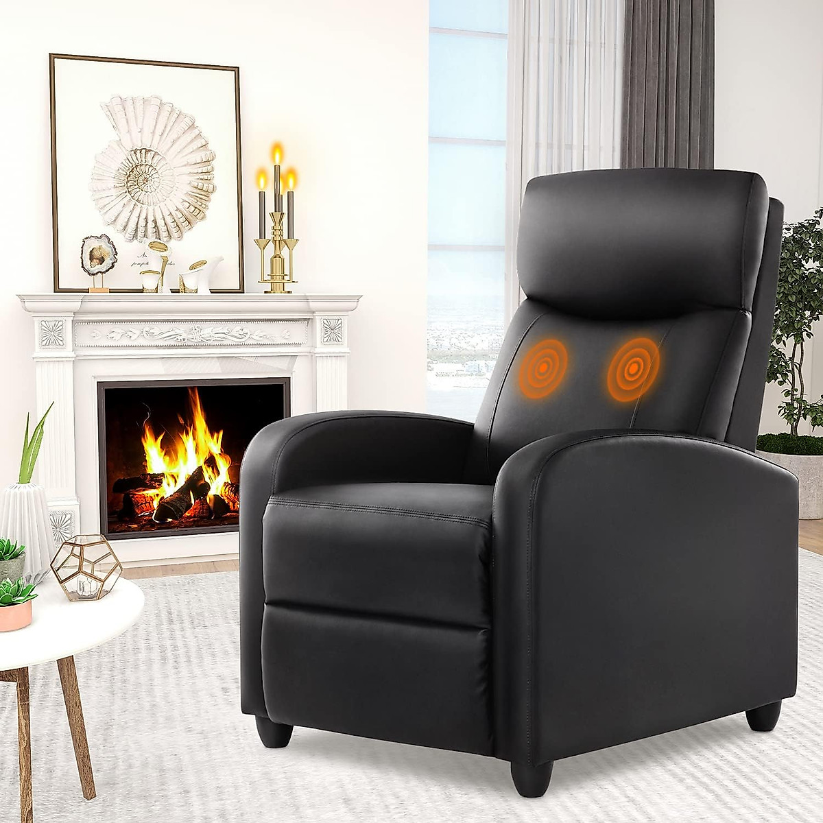 Sweetcrispy Living Room PU Leather Massage Winback Single Sofa Home Theater Adjustable Modern Reclining Chair with Padded Seat Backrest for Adults（Dark Black）