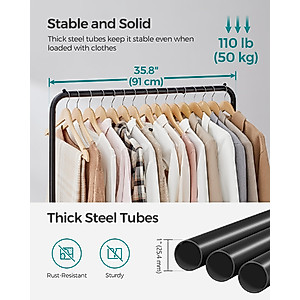 SONGMICS Clothes Rack with Wheels, 35.8 Inch Double-Rod Garment Rack, Clothing Rack for Hanging Clothes, with Dense Mesh Storage Shelf, 44 lb Load Capacity, 2 Brakes, Steel Frame, Black UHSR027B01