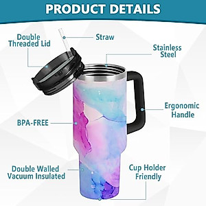 Yasala Car Tumbler with Handle Fantasy Marble Art Pinks Purples Travel Mug Coffee Cup Insulated Beverage Container Mega Cup for Hot Cold Drinking Thermos Water Bottle Cupholder Friendly 40 oz
