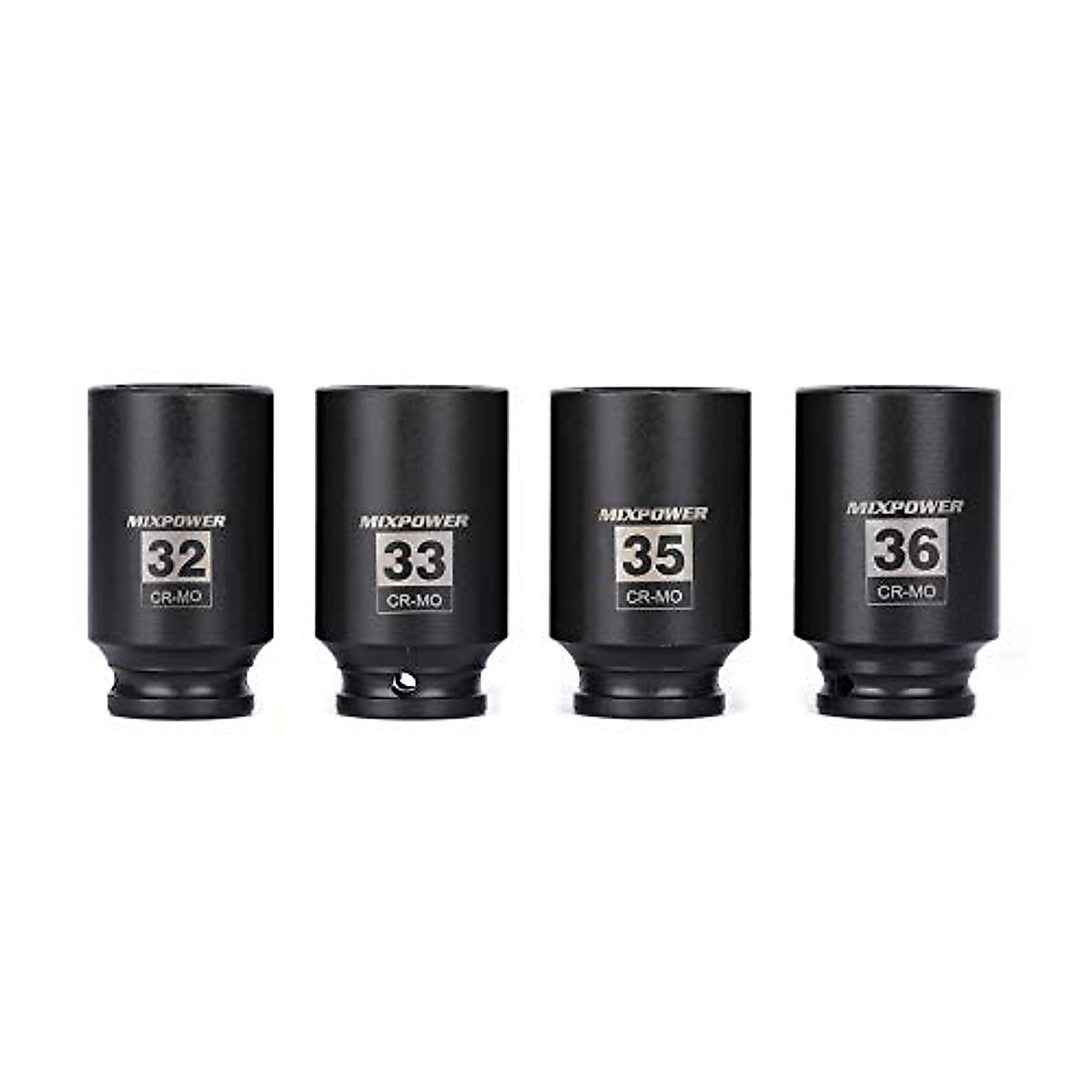 MIXPOWER 4-Piece 1/2'' Drive Deep Impact Socket Set, 6 Point, CR-MO,Metric,32,33,35,36mm, Spindle Axle Nut Impact Socket Set