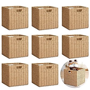 Ukontagood 8 Pack 11.8 Inch Wicker Storage Cubes, Hand-Woven Paper Rope Wicker Storage Baskets, Foldable Cube Storage Bins Organizer Square Shelf Baskets Pantry Organizing & Decor (Natural)