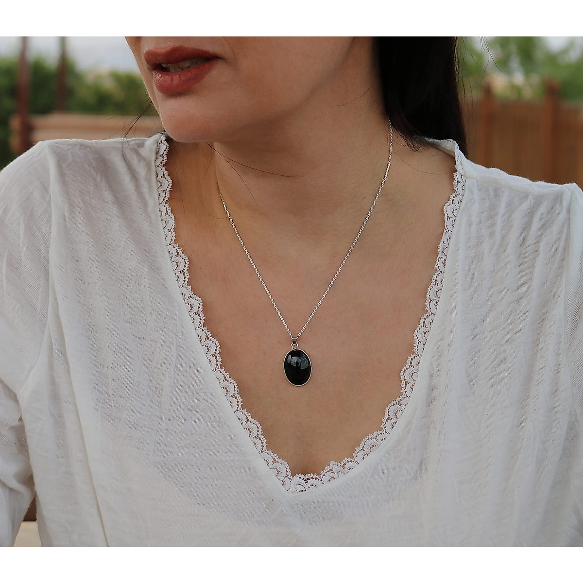 Sterling Silver Oval Black Onyx Small Pendant Necklace - Handmade 15x20mm Black Stone 16+2 inches Chain for Women
