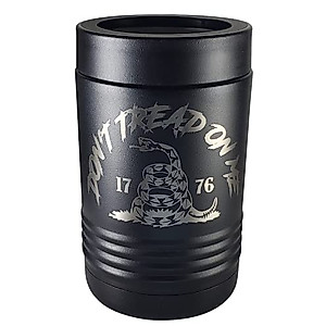 Gadsden Flag Don't Tread On Me - DTOM Double Walled Stainless Steel Insulated Can Cooler – Holds 12 or 16 oz Cans or 12 oz Bottles - Two-Sided Engraving - Includes USA Flag Sticker (Gadsden Flag)