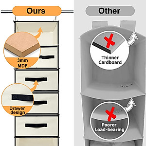 homyfort Hanging Closet Organizer with 5 Drawers and storage - 7 Shelves Organization, Foldable & Heavy Duty Clothes Storage for Wardrobe, Closet, Dorm, (49.6" H, Beige)