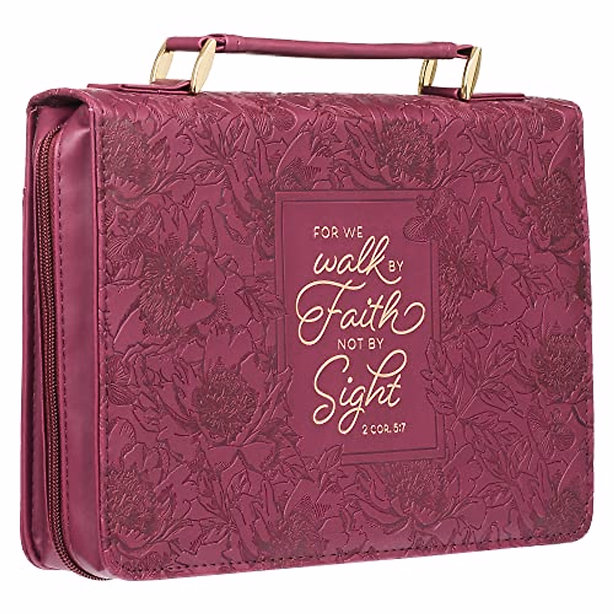 Christian Art Gifts Protective Maroon Floral Faux Leather Bible Cover Carry Case with Handle for Women: Walk by Faith - 2 Corinthians 5:7 Inspirational Bible Verse Zippered with Pocket, Medium