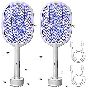 Lulu Home 2-in-1 Electric Bug Zapper Racket, 2 Pack 3000V High Voltage LED Lighted Handheld Mosquito Swatter with 3 Layer Safety Mesh, USB Charging Portable Fly Killer Racquet