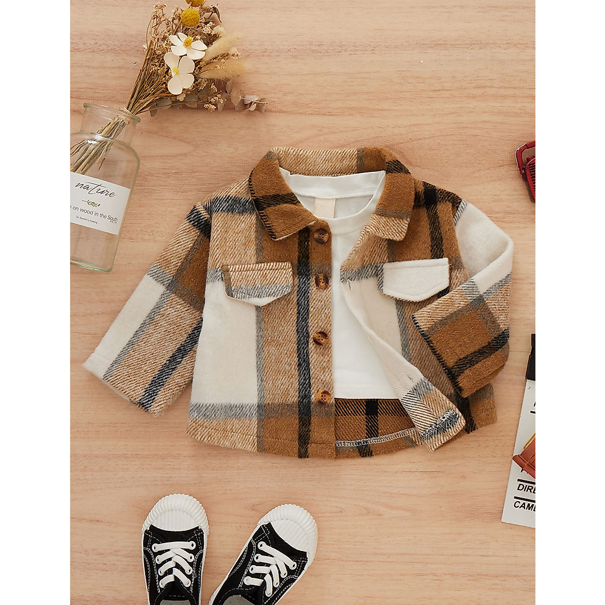 Hooever Girl's Boy's Brushed Plaid Shirts Pockets Button Down Plaid Flannel Shacket (Khaki, 4T)