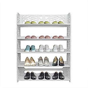 LeeMas White Wood Plastic Shoe Cabinet Carved Shoe Rack White Chic Hollow Shoe Tower Baroque Free Standing Shoes Storage Organizer Closet Shelves Holder Container (24.41 x 9.45 x 31.5), 5 Tiers