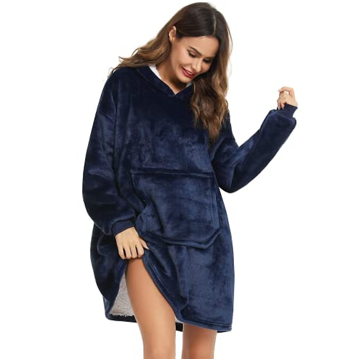 Blanket Hoodie,KJNANAE Oversized Sherpa Blanket Hoodie Dark Blue Sweatshirt for Women Gifts for Mom the Comfy Sweatshirt Blanket Wearable Blanket Oversized Sweatshirt for Women