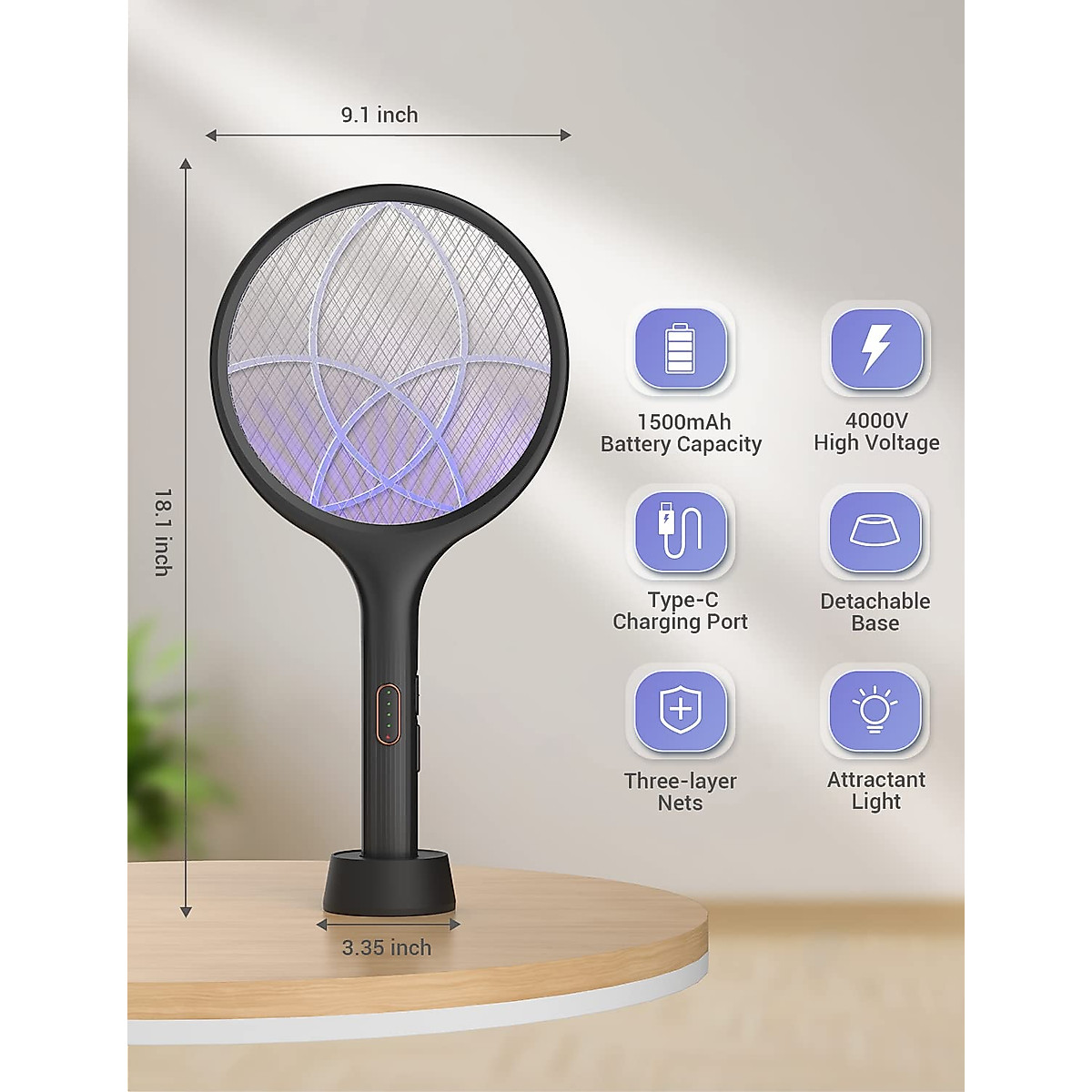 YISSVIC Electric Fly Swatter 4000V Bug Zapper Racket Dual Modes Mosquito Killer with Purple Mosquito Light Rechargeable for Indoor Home Office Backyard Patio Camping