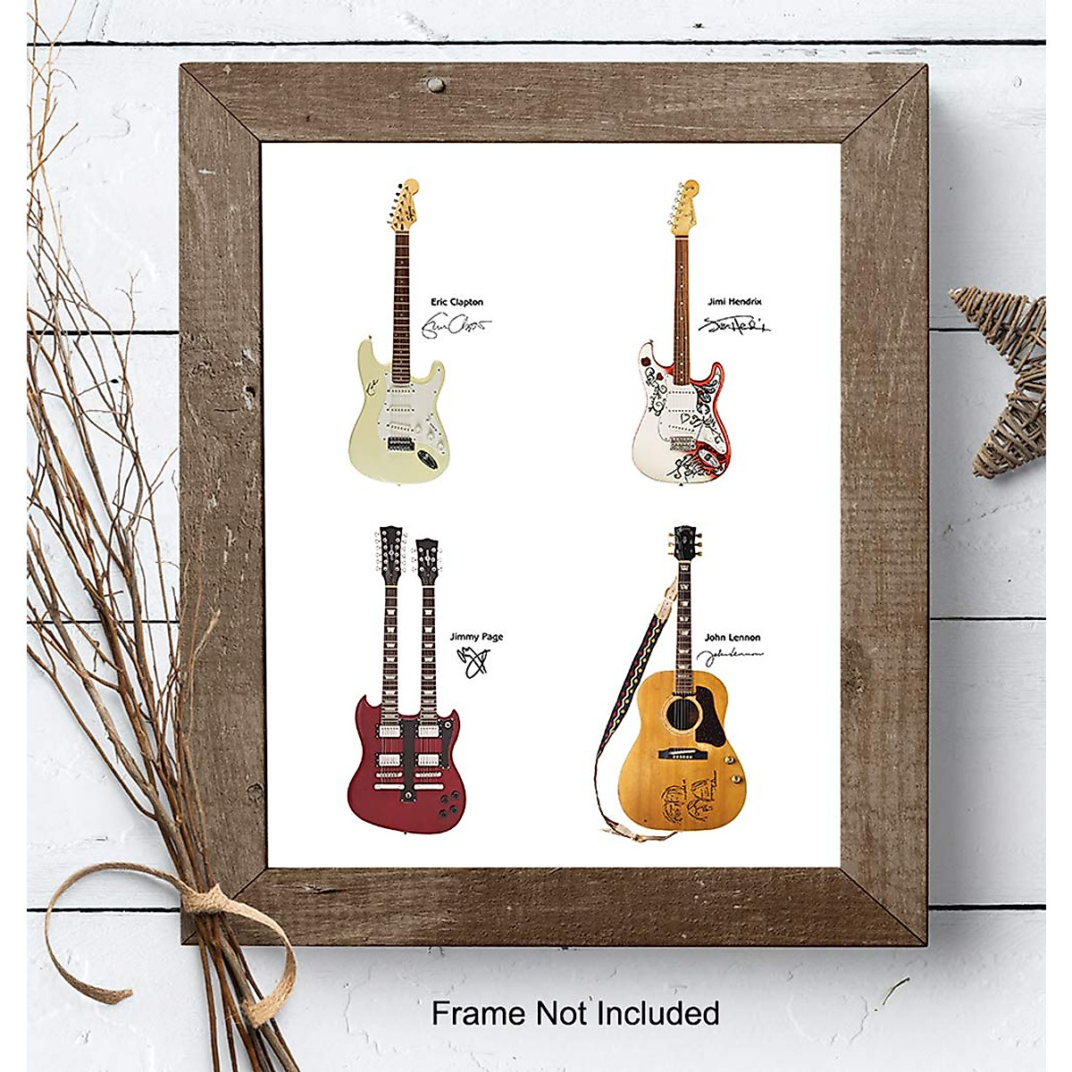 Iconic Rock Star Guitars Wall Art Poster - 8x10 Photo Print - Cool Gift for John Lennon, Jimmy Page, Jimi Hendrix, Eric Clapton Fans, Guitarists, Musicians - Unique Home Decor, Room Decoration