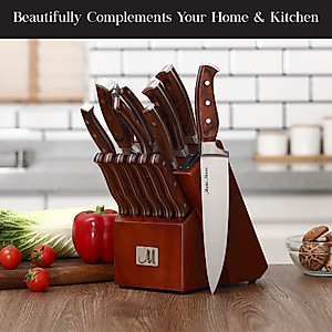 Master Maison Walnut Kitchen Knife Set With Wood Knife Block & Bonus Cleaver | German Stainless Steel Knives With Knife Sharpener & 6 Steak Knives | Professional Butcher Block Knife Sets For Kitchen