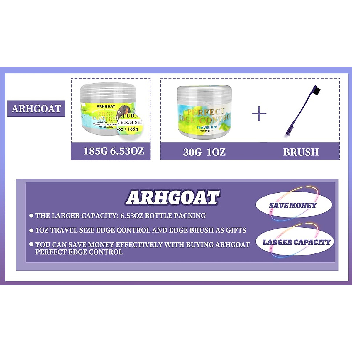 ARHGOAT Edge Control Perfect Performance Long Lasting No White Residue Extreme Strong Hold High Shining with Aloe Natural Formula Hair Gel for Women, 6.53 Ounces (PACK OF 1)