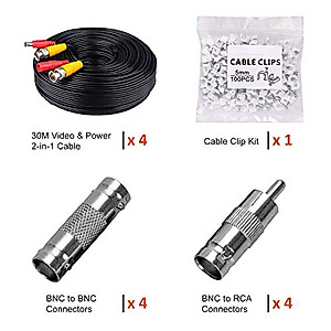 Tonton 4K 8MP 5MP 4-Pack 100 Feet 30 Meters Pre-Made All-in-One BNC Cables for Security Camera System,CCTV, DVR, Surveillance System, with BNC Connectors and RCA Adapters