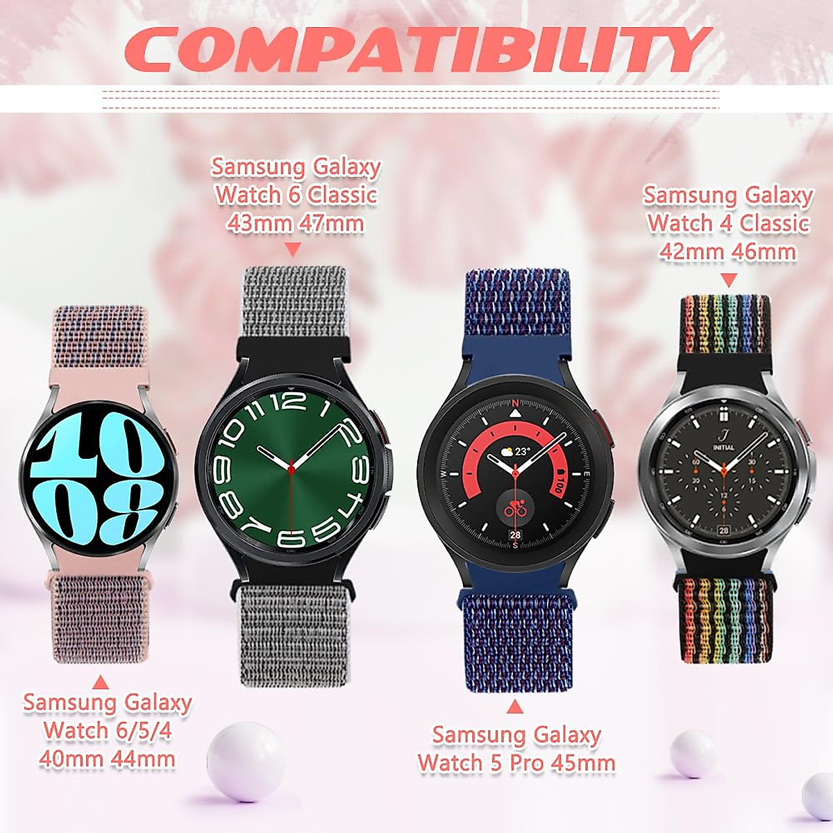 Bcuckood Nylon Loop Compatible with Samsung Galaxy Watch 6/5/4 40mm 44mm/Watch 6 Classic 43mm 47mm/Watch 5 Pro 45 mm/Watch 4 Classic 42mm 46mm, Sport Nylon Breathable Replacement Straps for Women Men