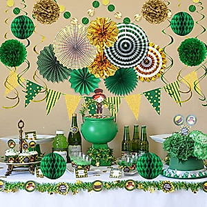 Green Gold Party Decorations Paper Fans, Graduation Season Hanging Glitter Triangle Flags Banner Hanging Paper Fan Happy Birthday Banners and Triangular Flag, Bridal Shower,Green Themed Birthday