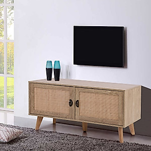 Sophia & William TV Stand for TV's Up to 50 inches, Media Entertainment Center Farmhouse TV Console Table with Storage Cabinet and 2 Natural Rattan Doors for Living Room and Bedroom