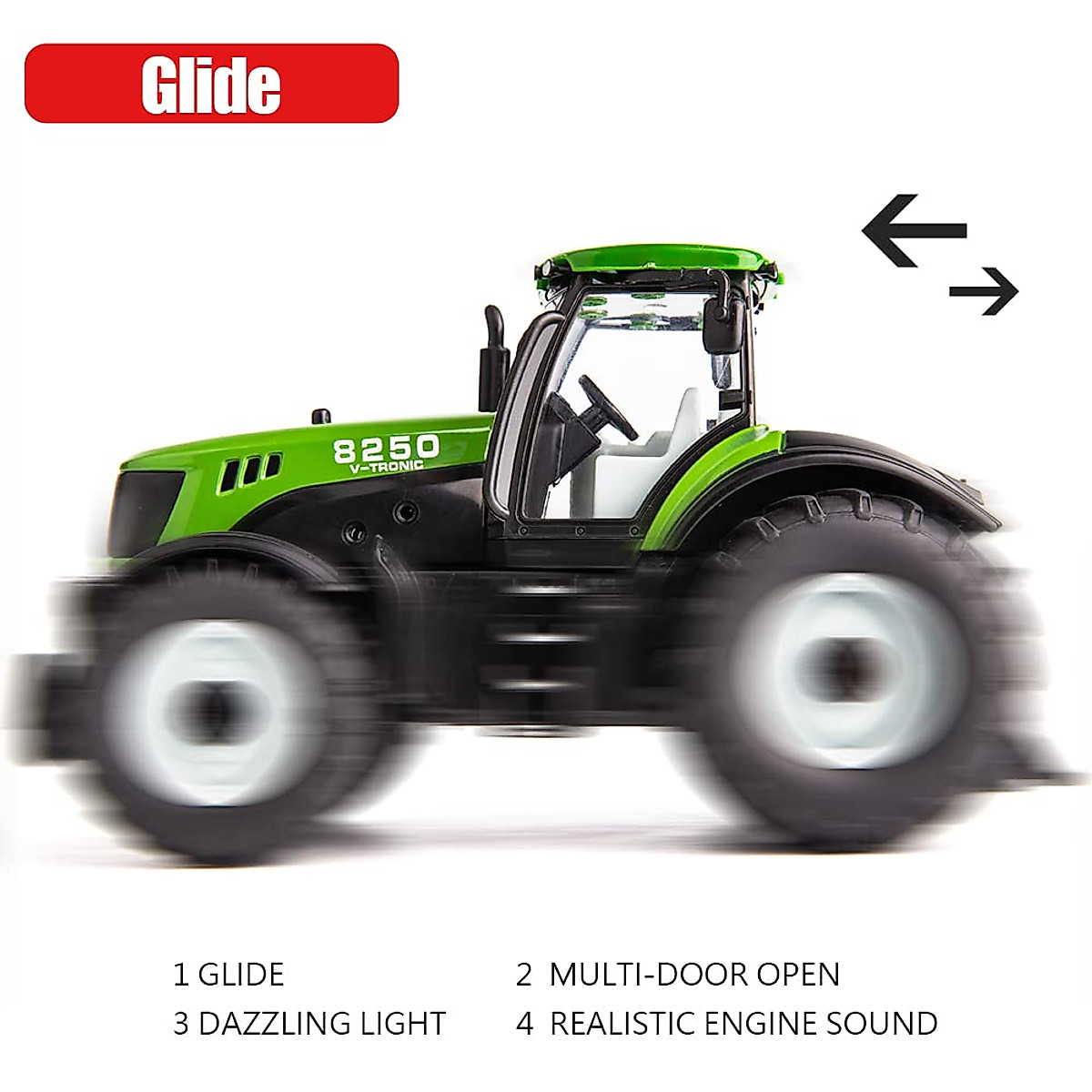 TGRCM-CZ 1:30 V-TRONIC 8250 Farm Tractor, Sound Toy Truck Tractor with Detachable Roof and Openable Engine Cover, Glide Forward Tractor Toys for Kids Boys Girls Outdoor Games, Green
