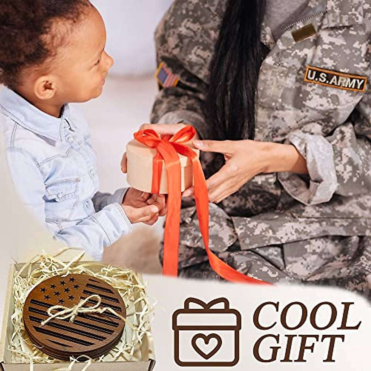 Independence Day Wood Coasters Set - This USA Gift Include 4pcs Carved American Flag Wooden Coasters for Drinks - Great Patriotic Home Decorations