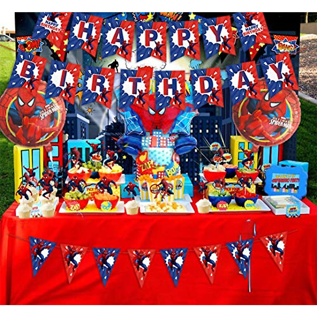 Spiderman Party Decorations Favors Birthday– Spiderman Happy Birthday Banner, Foil Latex Balloons, Cupcake Toppers, Stickers Superhero Birthday Party Supplies