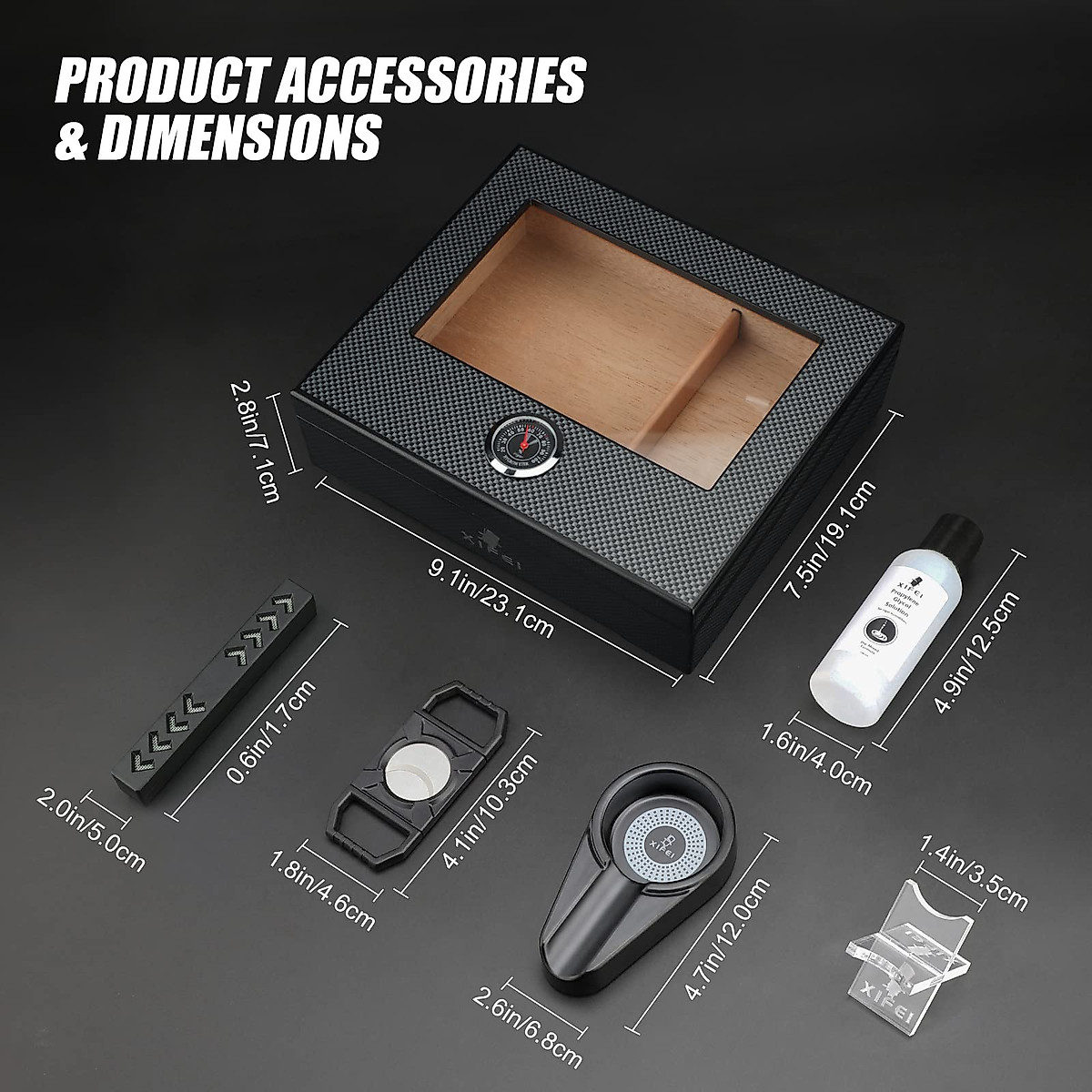 XIFEI Cigar Humidor, Glass Top Carbon Fiber Texture top Inlay Hygrometer,Including Cigar humidifier, Acrylic Cigar Stand,Cigar Ashtray and Humidor Solution, Holds 25-60 Cigars (9IN*7.5 * 2.8)