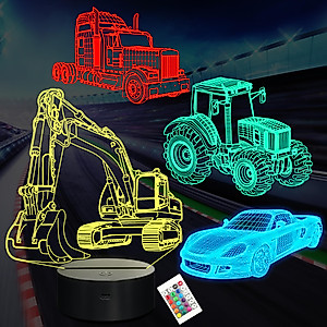 Lampeez 3D Car Lamp Night Light 3D Illusion lamp for Kids,Car,Truck,Tractor,Excavator,16 Colors Changing with Remote,Dimmable(4 Patterns) Kids Bedroom Decor Car Gifts for Boys Girls