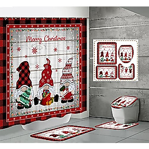Gnome Christmas Bathroom Sets with Shower Curtain and Rugs, Merry Christmas Shower Curtain Set with Bath Mat, Xmas Bathroom Decor Set (Colorful Gnome)