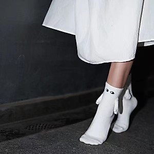 Holding Hands Socks,Funny Couple Magnetic Hand in Hand Mid Tube Socks,Novelty 3D Doll Socks Cute (A-2 Pairs White)