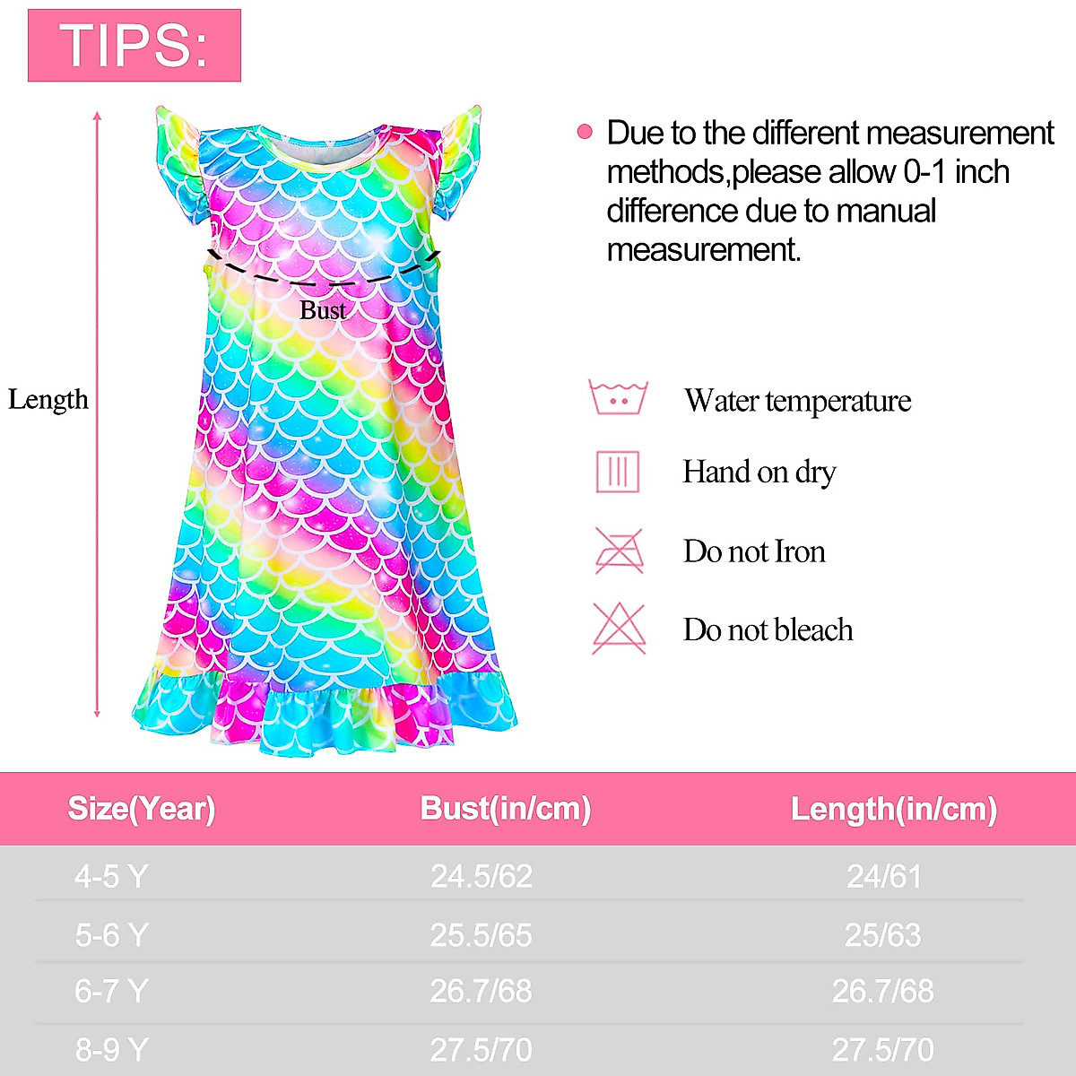 Fiodrimy Girls Nightgowns Unicorn Sleepwear Night Sleep Dress Pajamas Little Kids Toddler Soft Nightgown (Rainbow Mermaid, 4-5 Years)