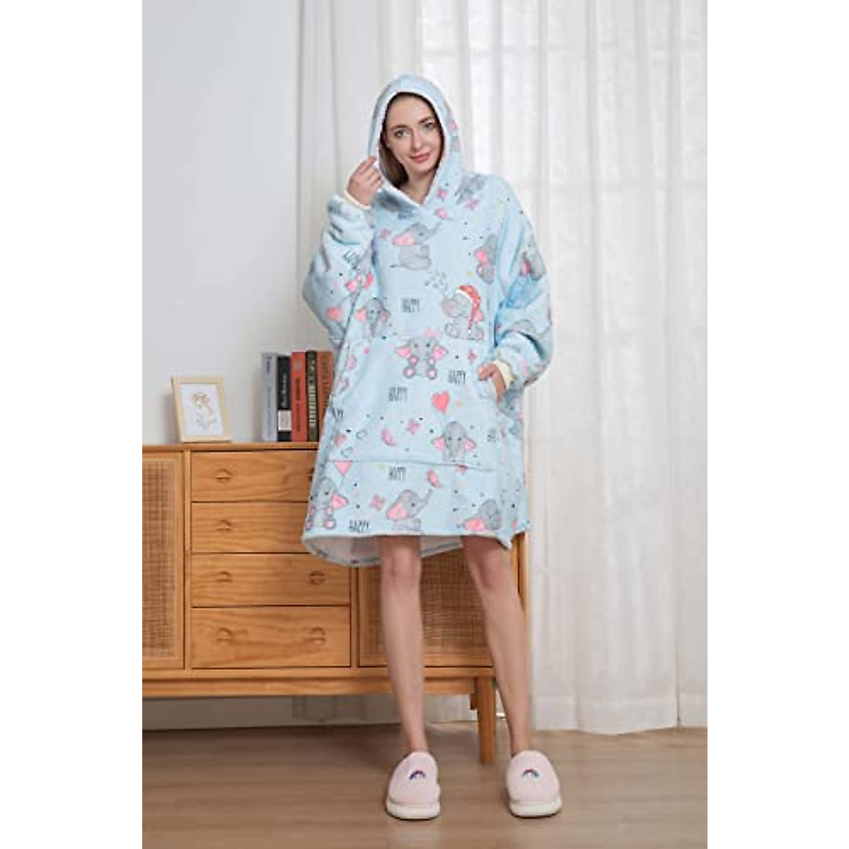 Wearable Blanket Hoodie, Oversized Sherpa Hooded Blanket Sweatshirt Extremely Cozy, Warm, Soft and Fuzzy Hoodie Blanket (Elephant)