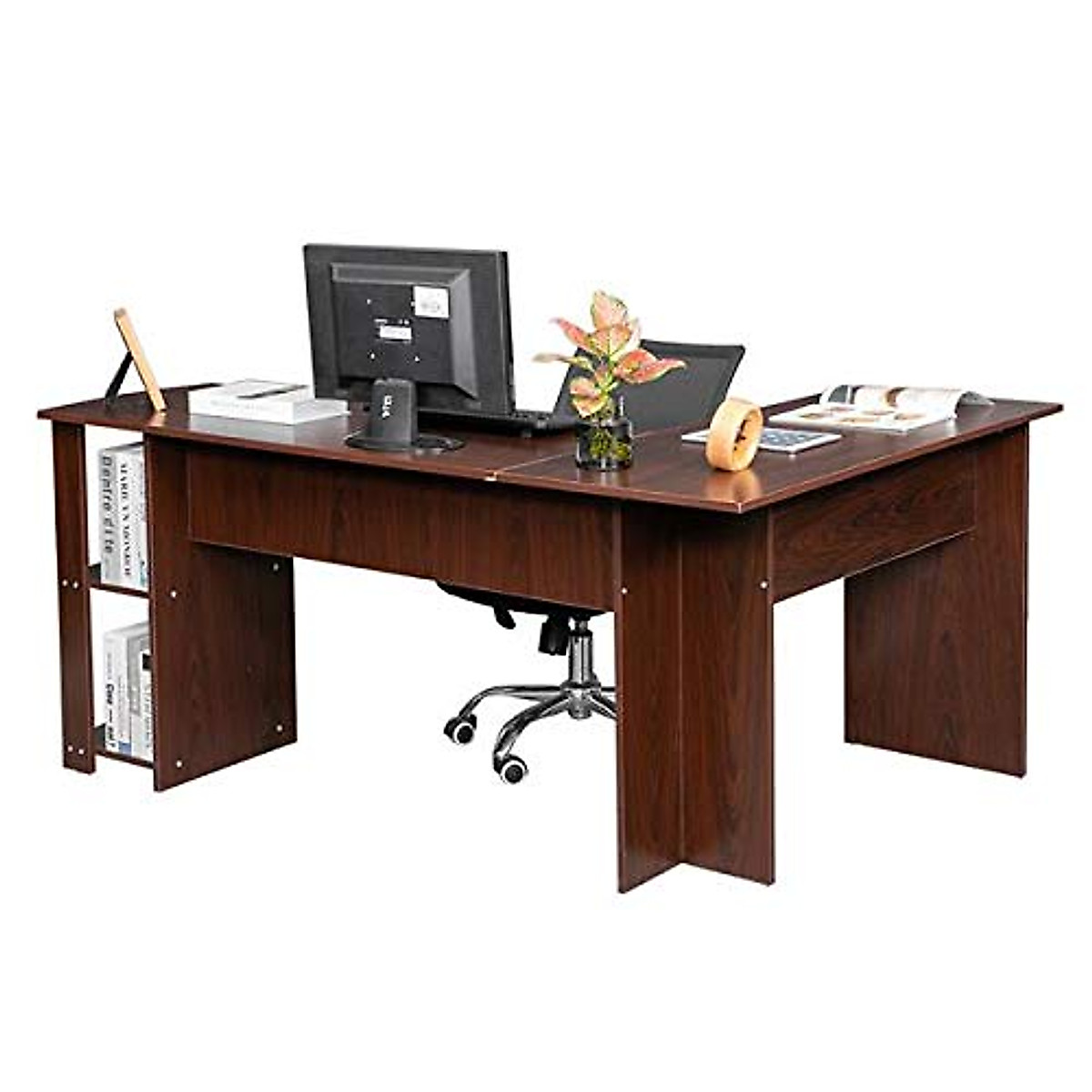 INXXCOROO Basyll L-Shaped Corner Desk Home Office Workstation with Hutch Bookshelves - Sturdy Wooden Computer Table for Laptop and Study