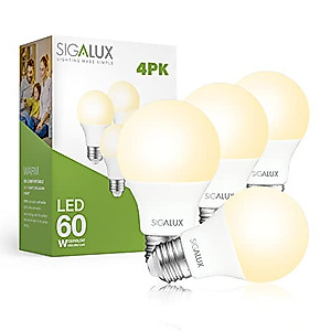 Sigalux LED Light Bulbs 60 Watt Equivalent A19 Standard Light Bulbs 2700K, Non-Dimmable Energy Efficient 9.5W LED Soft White Light Bulb with E26 Medium Base, 800 Lumens, UL Listed, 4 Pack