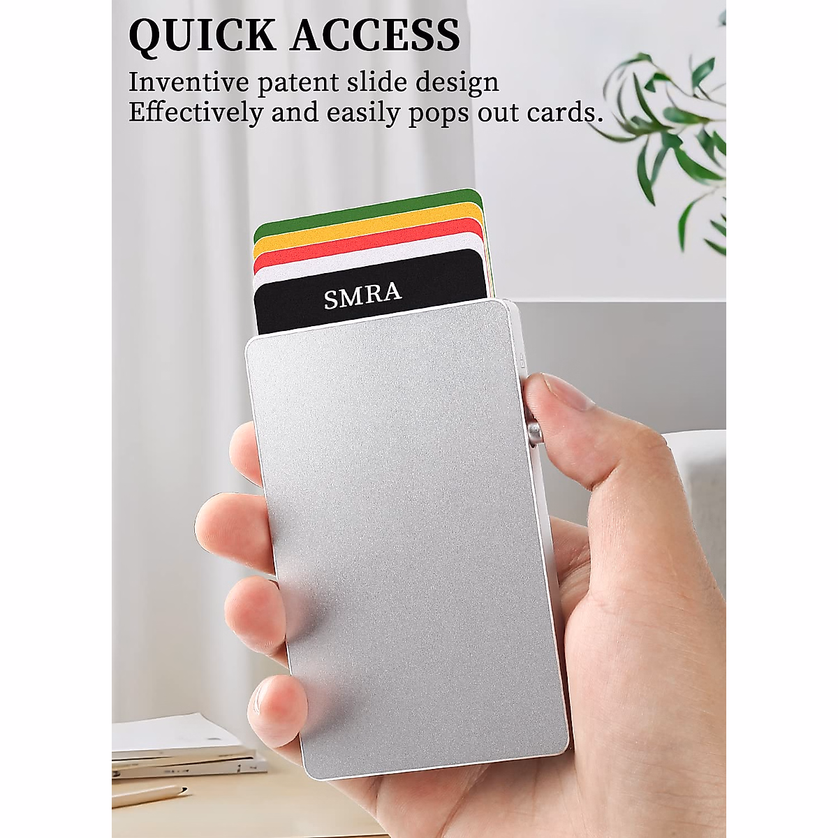 SMRA Slim Card Holder Wallet, Metal Pop Up Credit Card Wallet for men and women, Aluminium RFID Blocking for Quick Bank Card Access, Front Pocket Card Holds 5 Cards - Silver