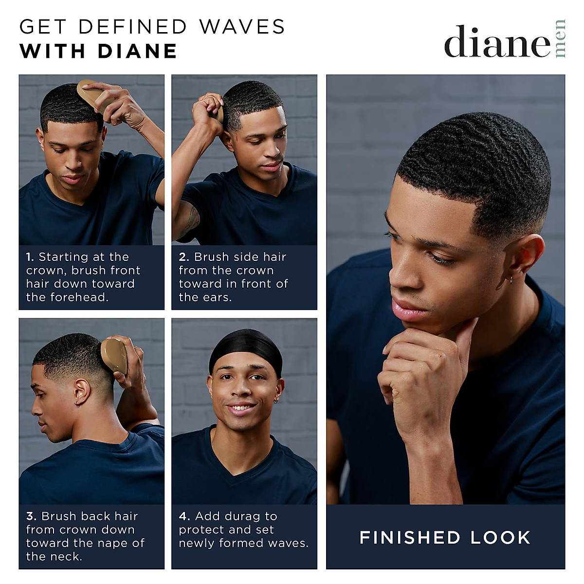 Diane Reinforced Boar Bristle Wave Brush for Men and Barbers – Hard Bristles for Thick to Coarse Hair – Use for Detangling, Smoothing, Wave Styles, Restore Shine and Texture