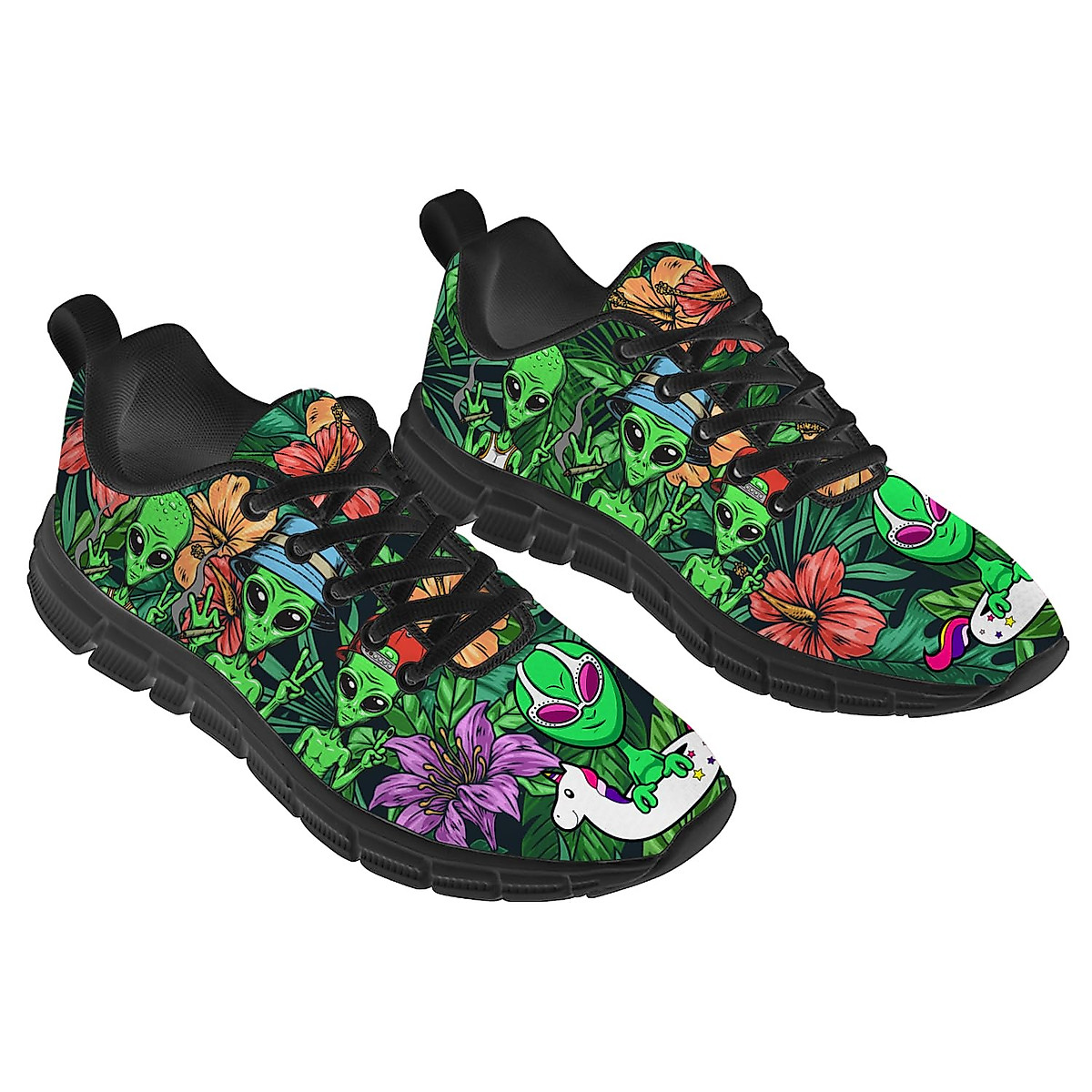 Mens Womens Alien Shoes Running Walking Tennis Sneakers Alien UFO Tropical Hibiscus Flower Shoes Gifts for Women Men,Size 9 Men/10.5 Women Black