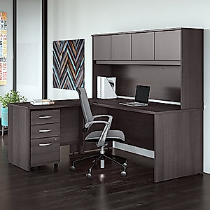 Studio C 72W x 30D L Shaped Desk with Hutch, Mobile File Cabinet and 42W Return in Storm Gray
