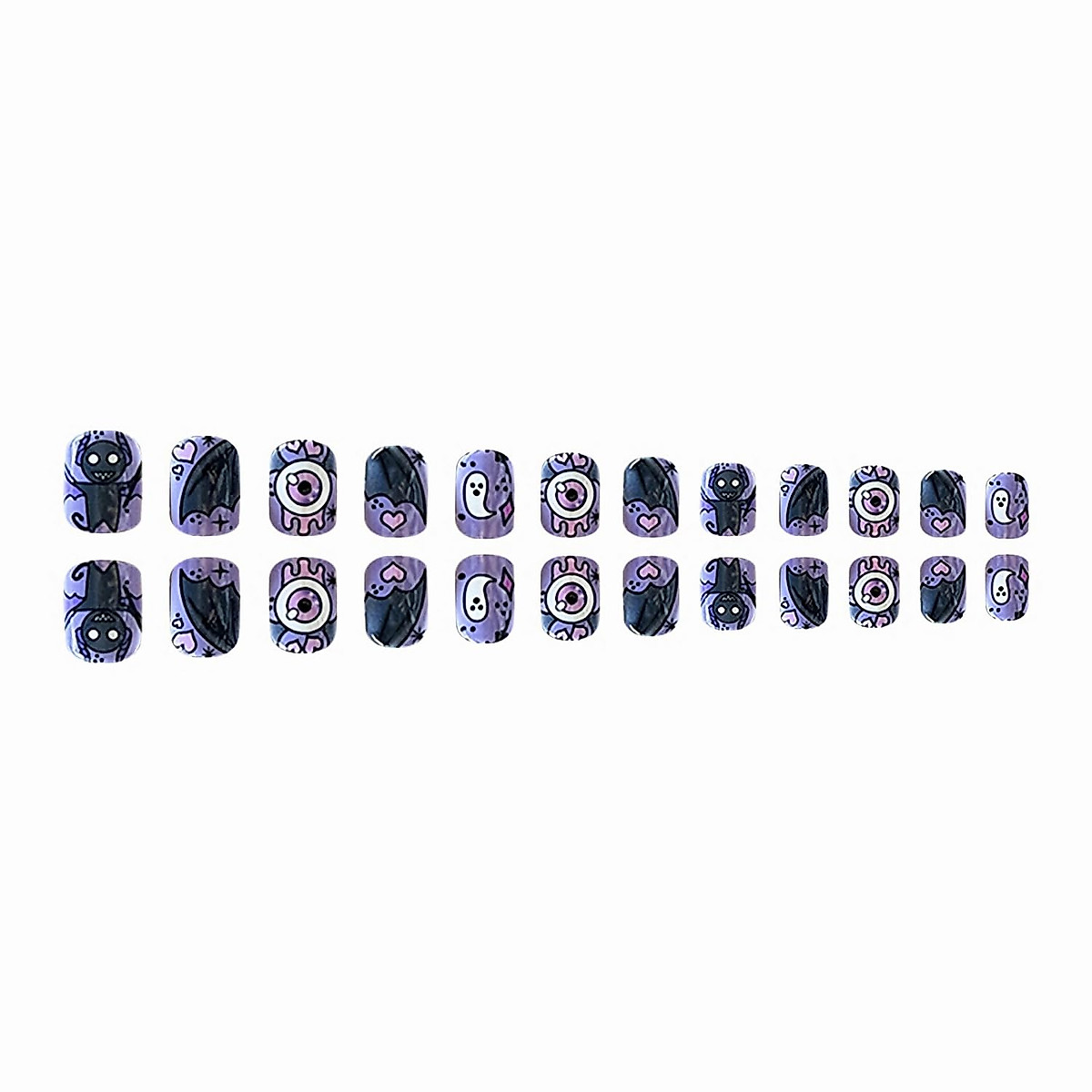 GGDECA Halloween Square Fake Nails Short Press on Nails Purple Glue on Nails Bat Ghost Love Eyeball Halloween Designs False Nails Acrylic Glossy Nails for Women Halloween Halloween Manicure Art 24Pcs