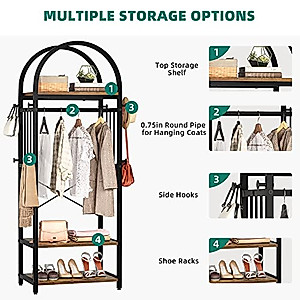 YITAHOME Industrial Hall Tree Garments Rack with Storage Shelves and Hanging Rod, Coat Rack Freestanding with 8 Hanging Hooks, Tall Clothes Rack Closet Organizer for Hallway, Bedroom, Rustic Brown