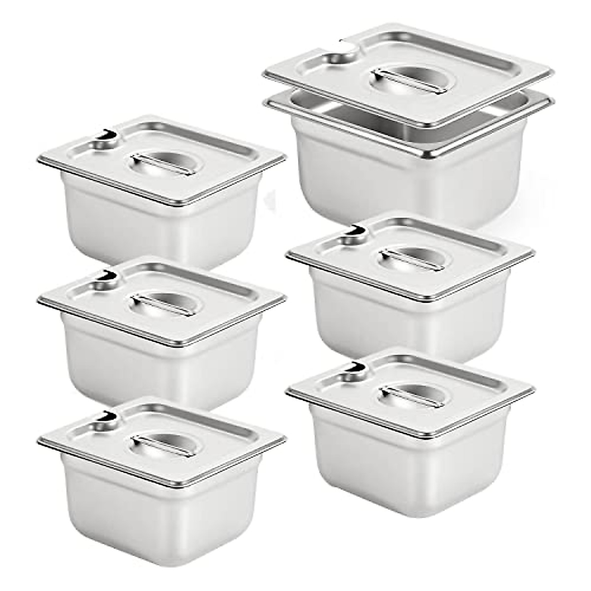 OWLEEN 6 Pack Anti-Jam Slotted Hotel Pans with Lids, 1/6 Size 4 Inch Deep, Commercial 18/8 Stainless Steel Table Food Pan