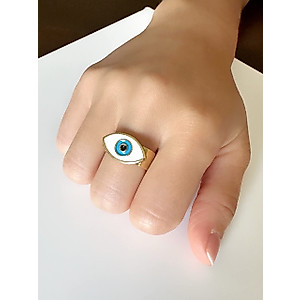 LESLIE BOULES 18K Gold Plated Evil Eye Enamel Ring Adjustable for Women