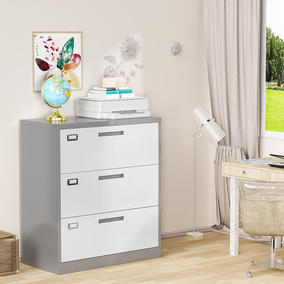 LISSIMO Lateral File Cabinet with Lock, 3 Drawer Metal Storage Filing Cabinet for Hanging Files Letter/Legal/F4/A4 Size, Vertical Files Cabinet for Home Office