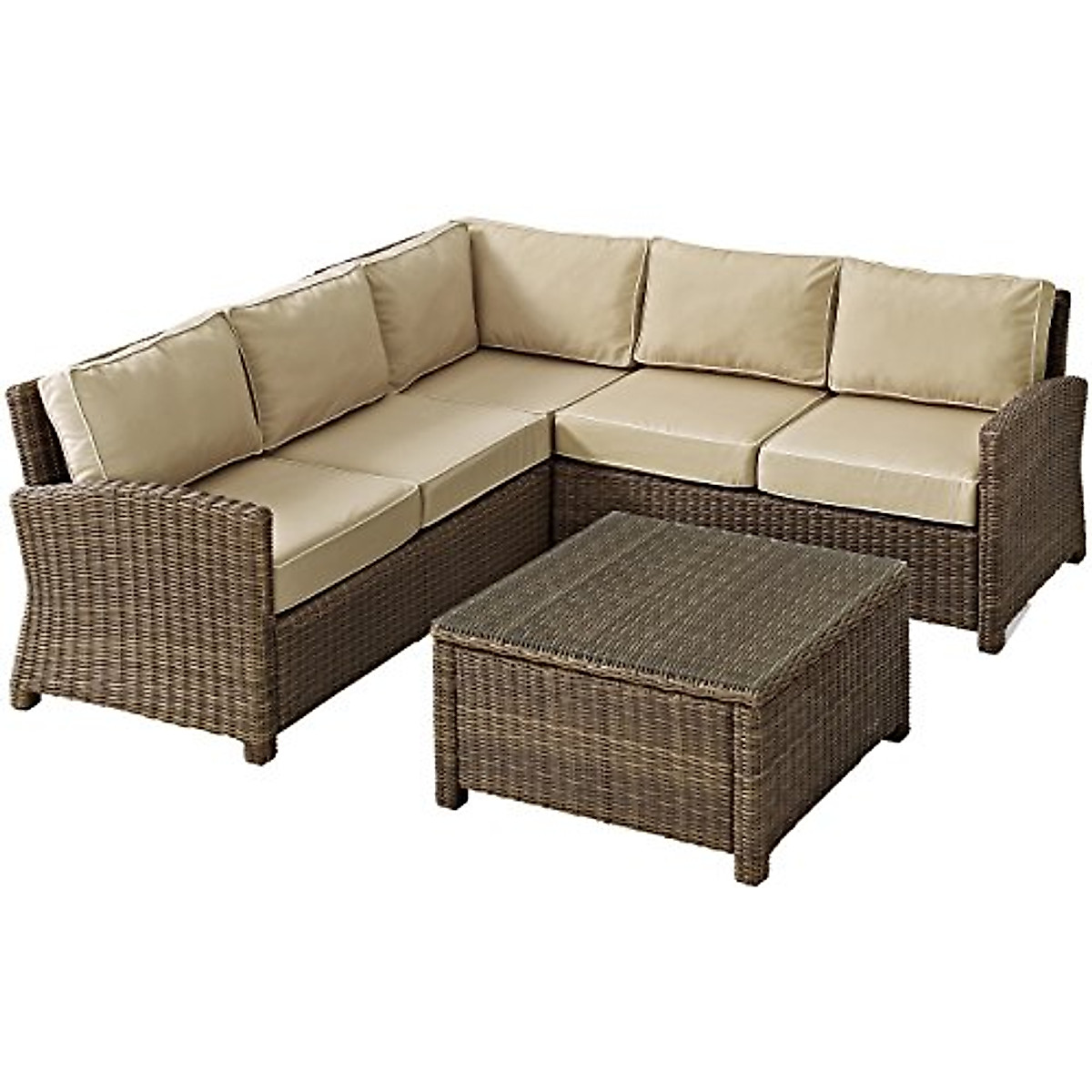 Crosley Furniture Bradenton 4-Piece Outdoor Sectional Sofa Wicker Conversation Patio Furniture Set for Deck, Brown with Sand Cushions