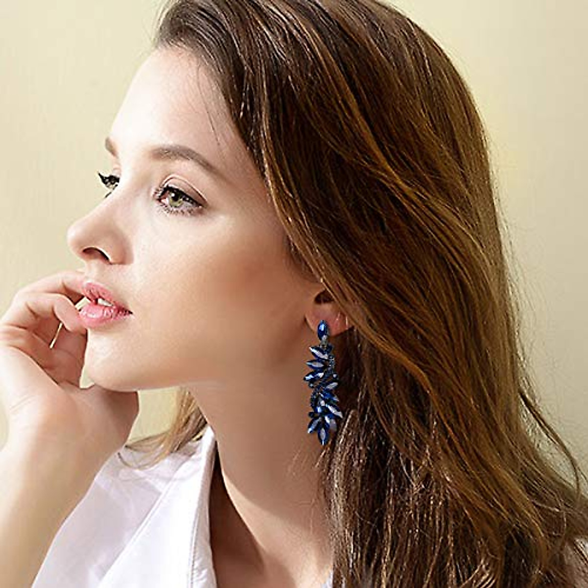 BriLove Wedding Bridal Clip On Earrings for Women Crystal Multi Marquise Filigree Flower Chandelier Dangle Earrings Navy Blue Sapphire Color Black-Silver-Tone