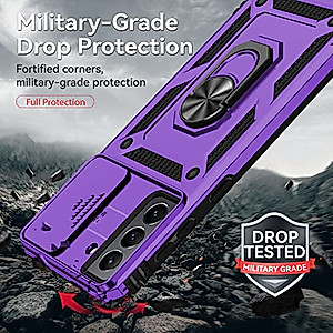 for Samsung Galaxy S21 FE 5G Case with Camera Lens Cover HD Screen Protector, Military-Grade Drop Tested Magnetic Ring Holder Kickstand Protective Phone Case for Samsung Galaxy S21 FE 5G (Purple)